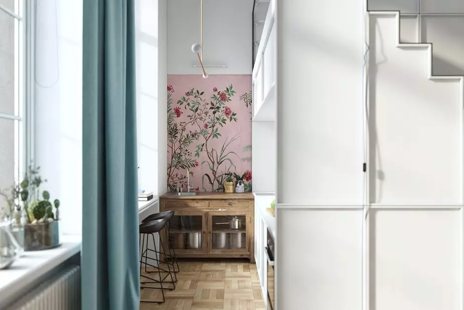 The side part of the kitchen, built into the central volume and visually hidden from prying eyes, is made to order. The accent end part of the kitchen is an old chest of a grandmother. Restored, a washing was built into it.