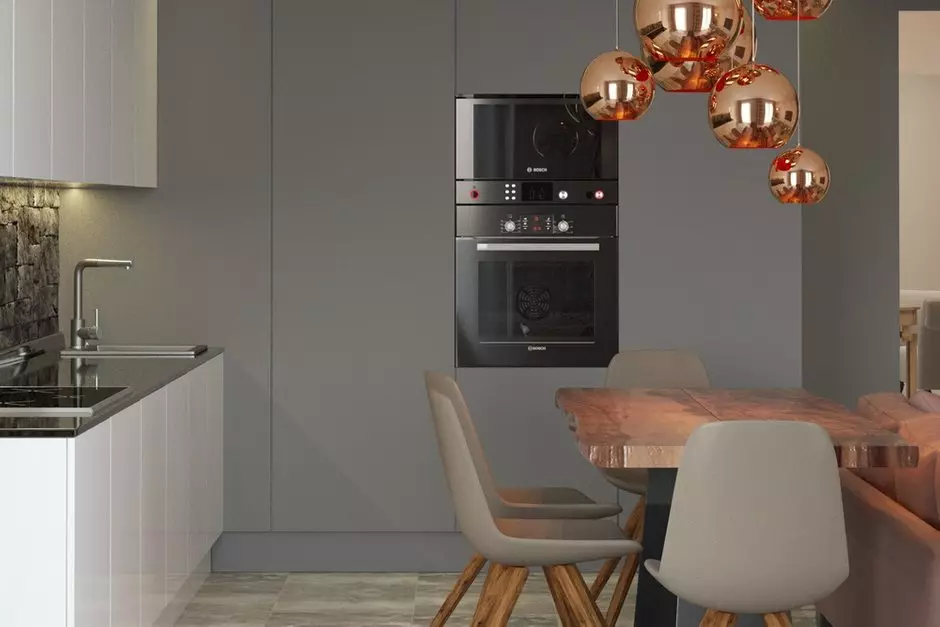 Foto: cucina e sala da pranzo in stile minimalismo, appartamento, russia, arredamento, progetto della settimana, grigio, regione di Mosca, Balashikha, Alena Vlasova - Foto