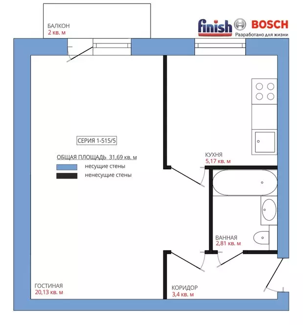 Foto: en estil, cuina i menjador, Bosch, rehabilitació, Anastasia Kiseleva, casa de panells, acabat, 1 habitació, fins a 40 metres, I-515/5 - Foto