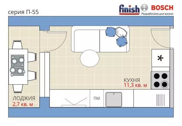 Ritratt: Fl-istil, kċina u dining room, appartament, żvilupp mill-ġdid, anastasia kiseleva, P-55, blokk dar, finitura, 3 kmamar, 60-90 metru - ritratt