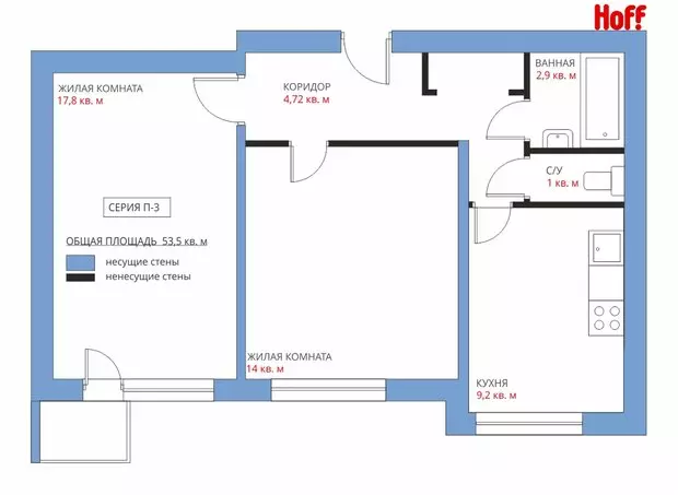 Zdjęcie: Planowanie w stylu, apartament, Hoff, wskazówki, przebudowa, Hoff, Anastasia Kiseleva, Dom panelowy, P-3, 2 pokoje, 40-60 metrów - Zdjęcie