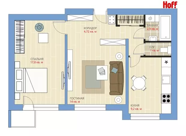 Ritratt: Fl-istil, appartament, hoff, ponot, żvilupp mill-ġdid, Hoff, Anastasia Kiseleva, Panel House, P-3, 2 kmamar, 40-60 metru - ritratt