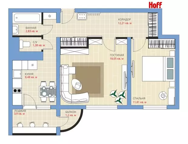 Ritratt: Fl-istil, appartament, Hoff, Żvilupp mill-ġdid, Hoff, Anastasia Kiseleva, P-111m, House Panel, 2 kmamar, 40-60 metru - ritratt