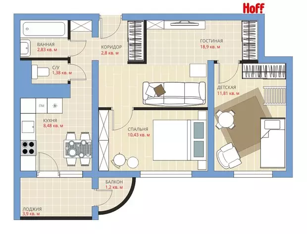 Ritratt: Fl-istil, appartament, Hoff, Żvilupp mill-ġdid, Hoff, Anastasia Kiseleva, P-111m, House Panel, 2 kmamar, 40-60 metru - ritratt