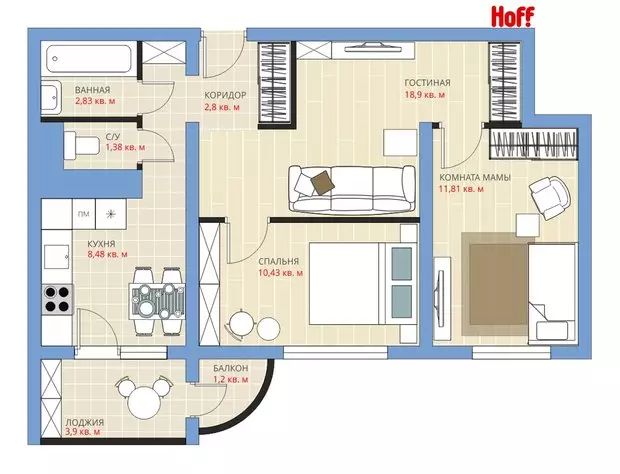 Ritratt: Fl-istil, appartament, Hoff, Żvilupp mill-ġdid, Hoff, Anastasia Kiseleva, P-111m, House Panel, 2 kmamar, 40-60 metru - ritratt