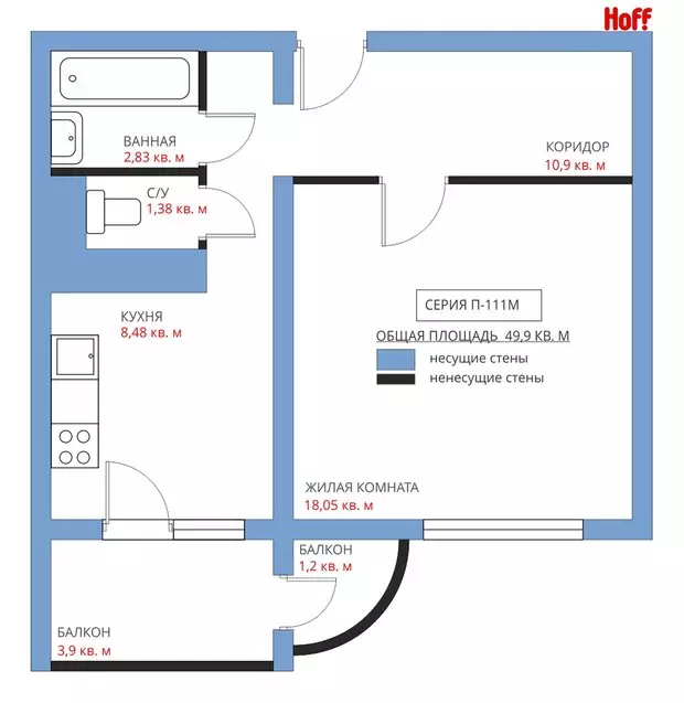 Photo: In style, apartment, Hoff, Redevelopment, Hoff, Anastasia Kiseleva, P-111m, Panel House, 1 room, 40-60 meters - Photo