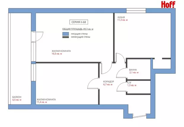 Mynd: Í stíl, íbúð, áætlanagerð, Hoff, Redevelopment, Hoff, Anastasia Kiseleva, II-68, 2 herbergi, 40-60 metrar - mynd