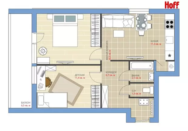 Foto: in styl, woonstel, beplanning, hoff, herontwikkeling, Hoff, Anastasia Kiseleva, II-68, 2 kamers, 40-60 meter - foto