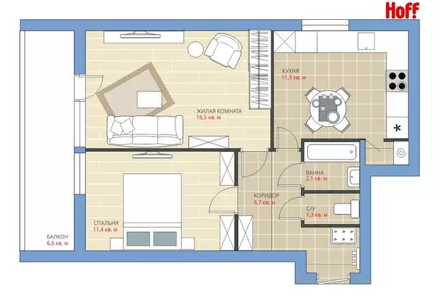 Foto: in styl, woonstel, beplanning, hoff, herontwikkeling, Hoff, Anastasia Kiseleva, II-68, 2 kamers, 40-60 meter - foto