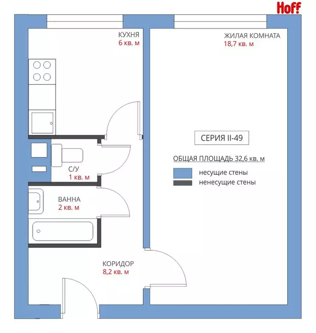 Photo: Style, Apartment, Planning, Hoff, Redevelopment, Hoff, II-49, Anastasia Kiseleva, Panel House, 1 room, up to 40 meters - Photo