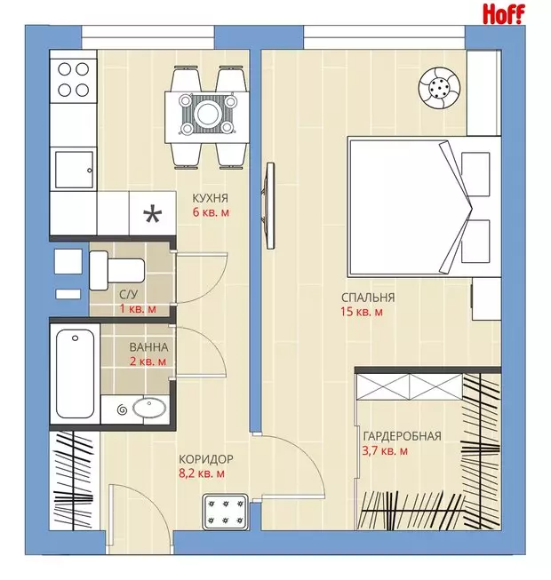 Larawan: Estilo, Apartment, Pagpaplano, Hoff, Redevelopment, Hoff, II-49, Anastasia Kiseleva, Panel House, 1 Room, hanggang 40 metro - Larawan