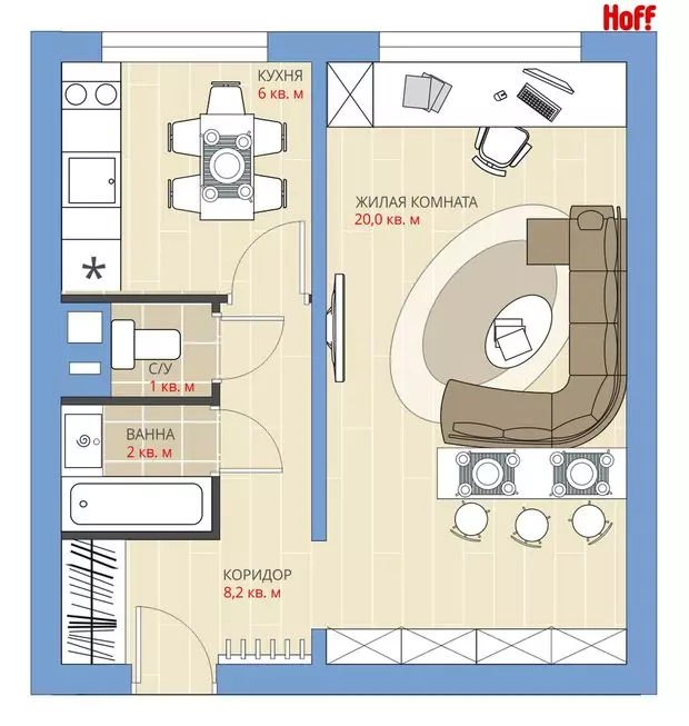 Foto: Stilo, apartamento, planado, Hoff, renovigo, Hoff, II-49, Anastasia Kiseleva, Panel House, 1 ĉambro, ĝis 40 metroj - foto