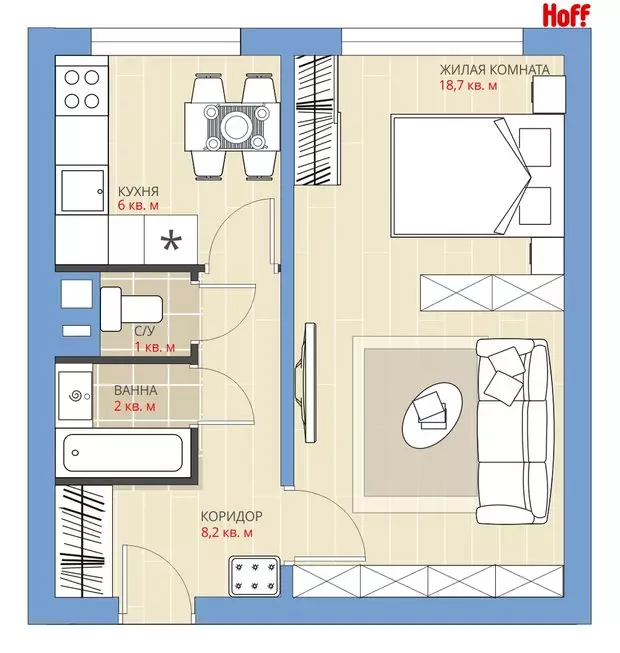 Foto: Estilo, Apartamento, Planificación, Hoff, Redodelopment, Hoff, II-49, Anastasia Kiseleva, Panel House, 1 habitación, ata 40 metros - Foto