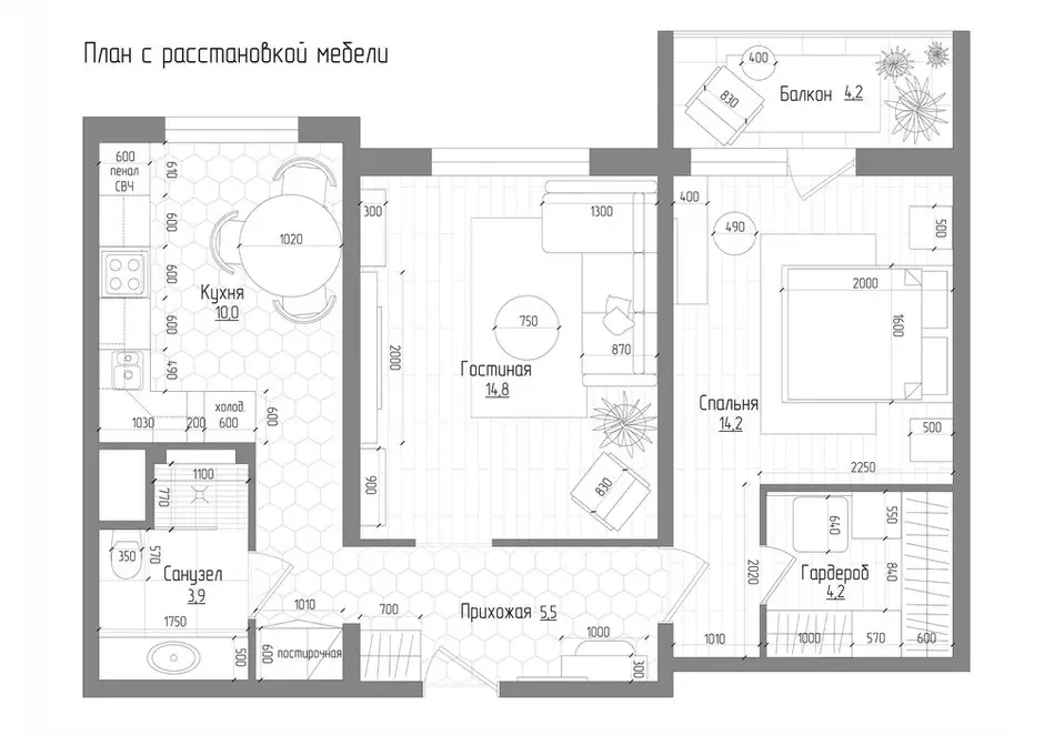 รูปถ่าย: การวางแผนในห้องครัวและห้องรับประทานอาหาร, ห้องนั่งเล่น, คลาสสิก, อพาร์ทเมนท์, การตกแต่ง, สัปดาห์โครงการ, สีฟ้า, สีเทา, ชมพู, น้ำเงิน, 2 ห้อง, 40-60 เมตร - รูปภาพ