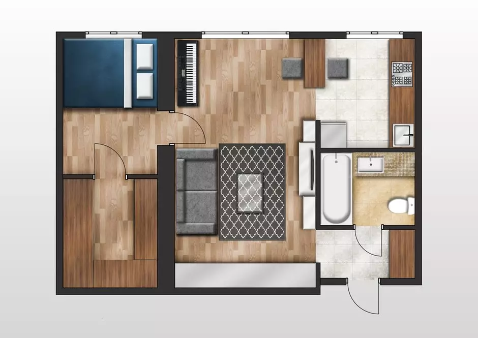 Wêne: Plansazkirina bi şêweyê, xaniyê piçûk, apartmanê, apartman, projeya hefteyê, Moskowa, Evgenia Matveenko, FlatSdesign, 2 odeyên, 40-60 metre - wêne