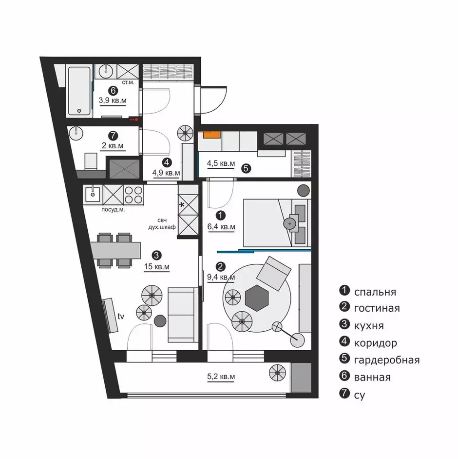 Pangkeng di tukang kaca sareng dapur sareng bar nangtung: apartemen di St Petersburg