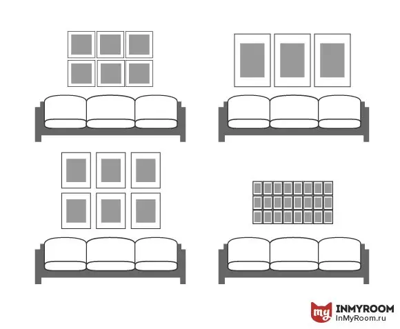 Foto: In stijl, tips, infographics, hoe schilderijen door te brengen in de woonkamer, hoe schilderijen door te brengen in de eetkamer, een compositie van rechthoekige schilderijen, een compositie van posters - foto