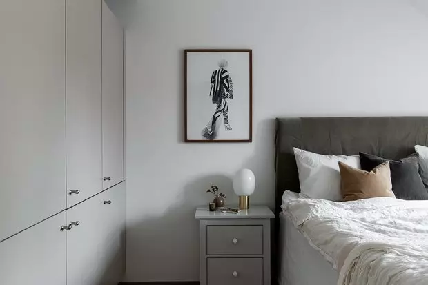 Foto: Dormitorio en estilo escandinavo, cociña e comedor, sala de estar, oficina, decoración interior, apartamento, branco, gris, 2 habitacións - Foto