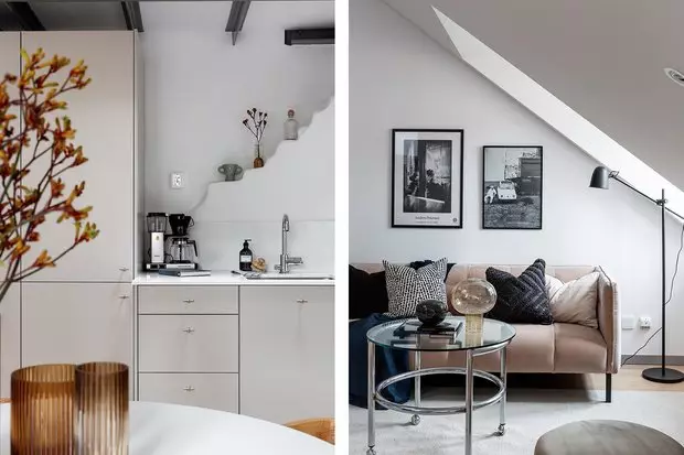 Foto: en estilo, cociña e comedor, sala de estar, oficina, decoración interior, apartamento, branco, gris, 2 habitacións - Foto