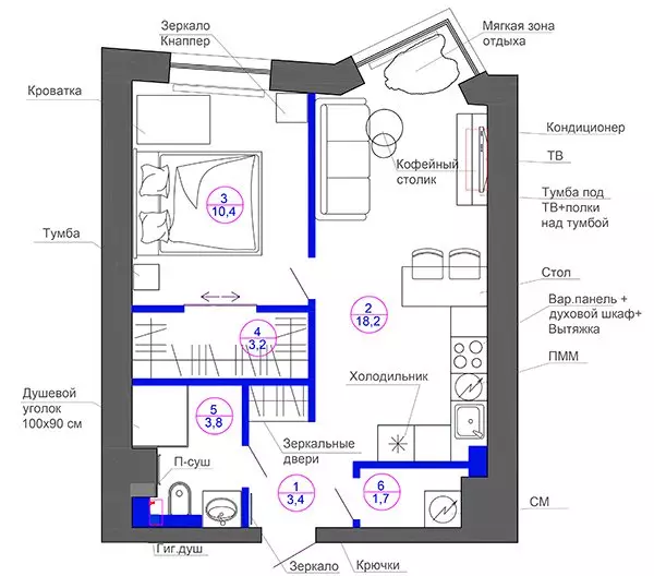 Proiect de apartament mic cu dormitor de smarald