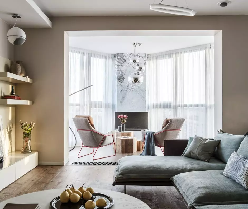 Photo: Living room in style modern, apartment, project of the week, Moscow, monolithic house, 4 or more, more than 90 meters, Yulia Kishkovich - Photo