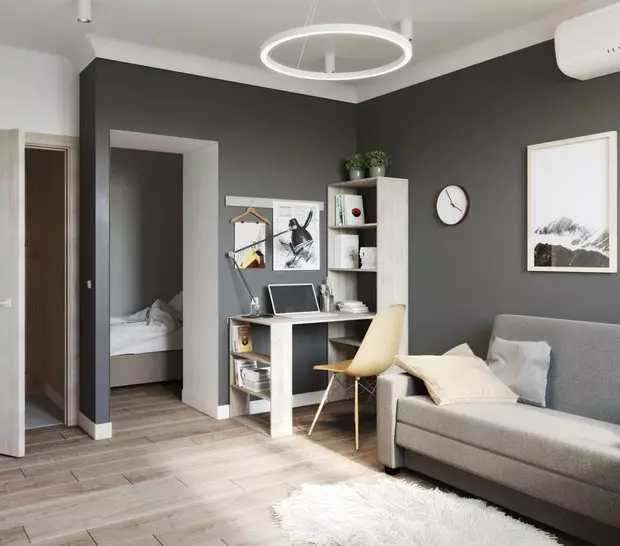 Foto: Camera de zi în modern, sfaturi, reparații în practică, Marina Sargsyan, cum să Zonail Apartament cu o cameră, Zoning Odnushki, Zoning, Studio Apartament, Daniel Schapanovich, Anna Hephanovich, CUBIQ Studio, 1 cameră, Anna Bagrova, Studio 20: 18, Shape Home, Boomplanner, Kronospan, Rooms - Foto