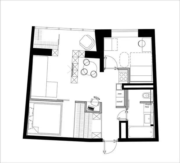 Eng aner Optioun fir d'Placementer vum Miwwel am Appartement mat engem net erfollegräichen Arrangement vun ënnerstëtzende Strukturen