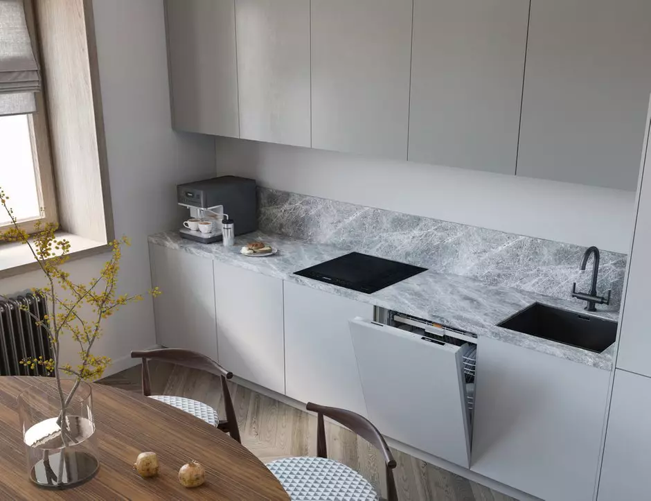 Foto: cociña e comedor no apartamento moderno, Miele, proxecto da semana, San Petersburgo, nova construción, Oksana Murakova, Om proxecto, Margarita Repina, 2 dormitorios, 60-90 metros, ladrillo monolítico, Premium - foto