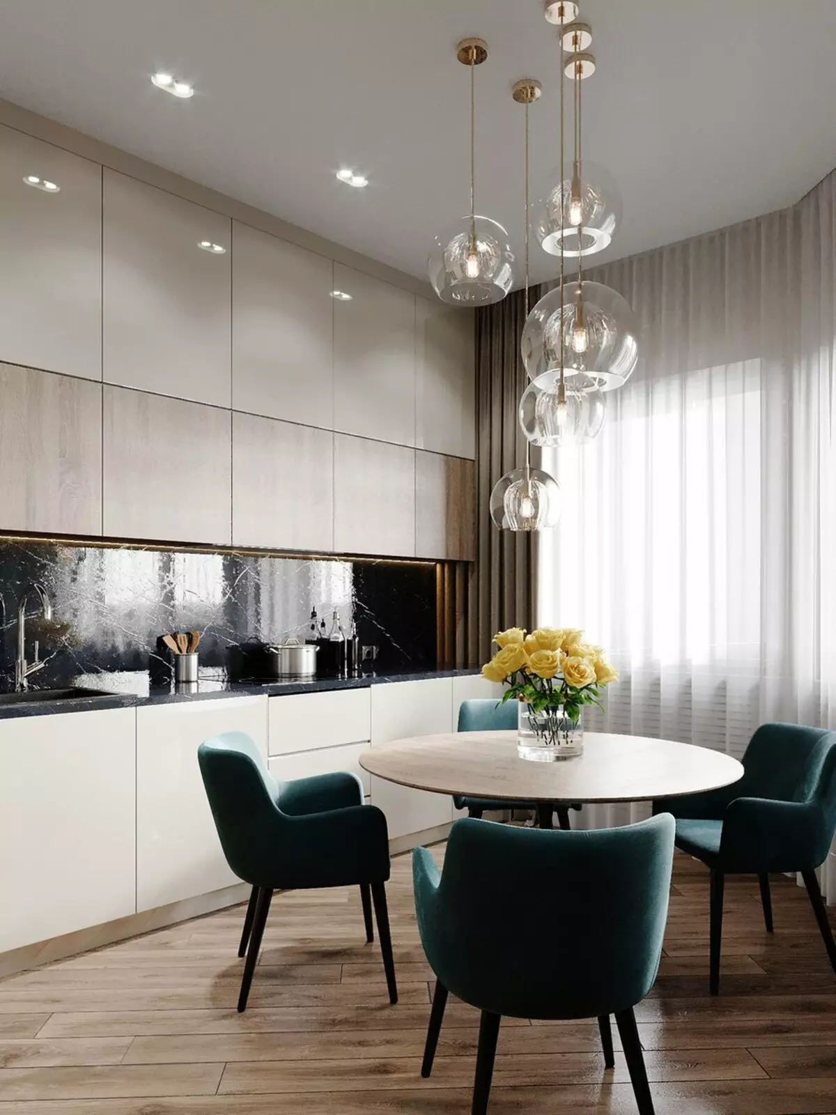 Foto: cociña e comedor en estilo moderno, apartamento, proxecto da semana, rexión de Moscova, Castello de Kronospan, 3 habitacións, 60-90 metros, Ruslan Prosvirin, prosvirin Design Studio, Anna Most - Foto