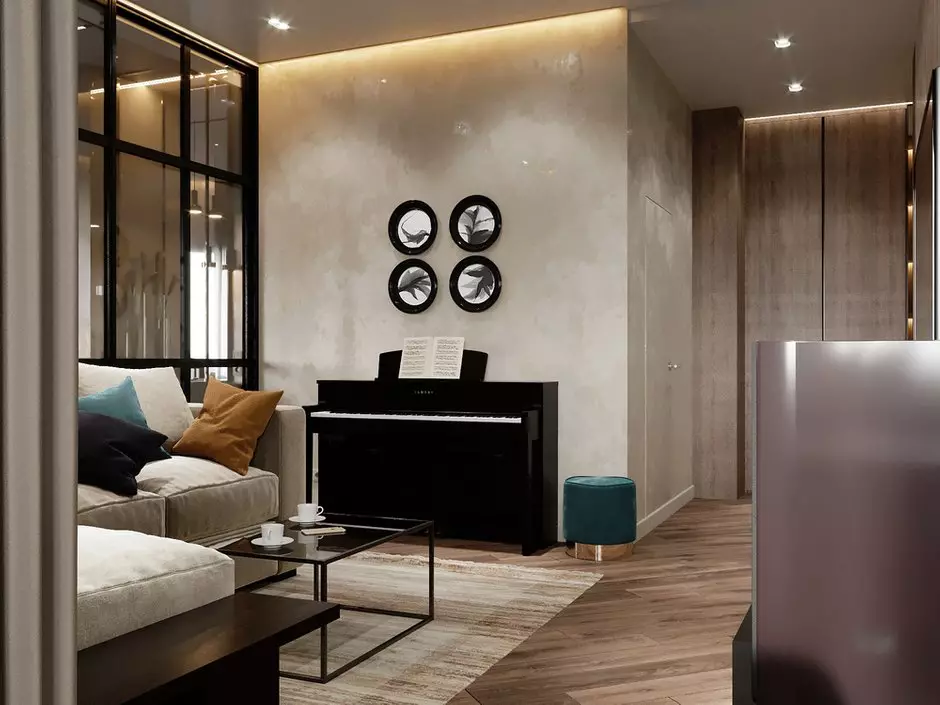 صورة فوتوغرافية: Living Room in Style Modern، Apartment، مشروع الأسبوع، منطقة موسكو، Kronospan Castello، 3 غرف، 60-90 متر، روسلان Prosvirin، استوديو Prosvirin ديزاين