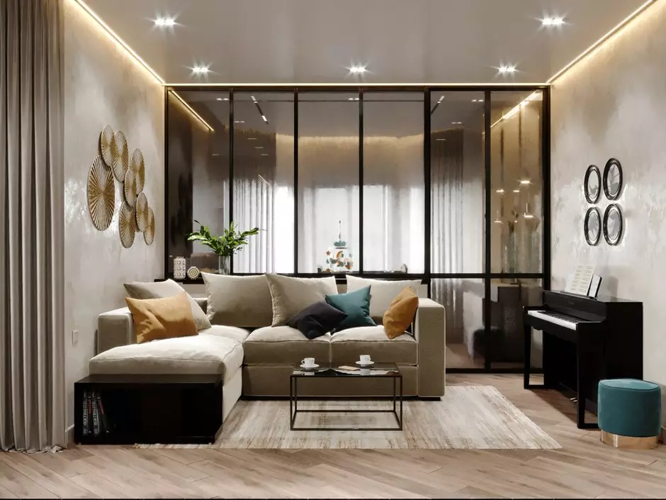 صورة فوتوغرافية: Living Room in Style Modern، Apartment، مشروع الأسبوع، منطقة موسكو، Kronospan Castello، 3 غرف، 60-90 متر، روسلان Prosvirin، استوديو Prosvirin ديزاين