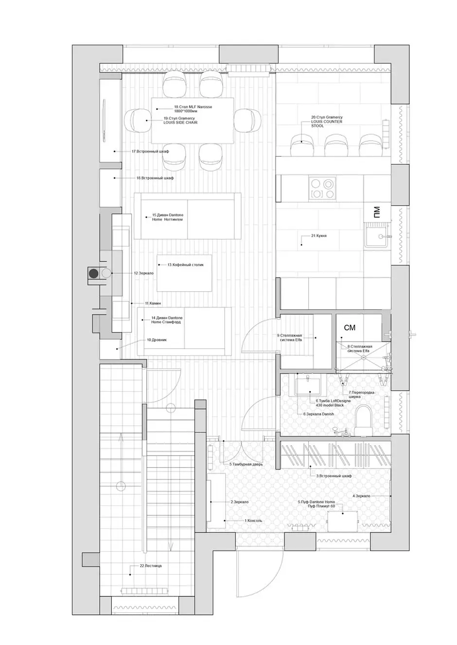 Mobilya düzenlemesi ile plan, 1. kat