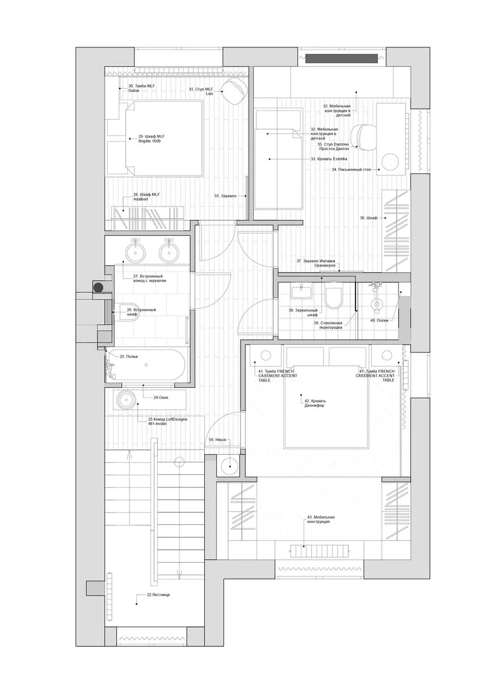 Plan with furniture arrangement, 2nd floor