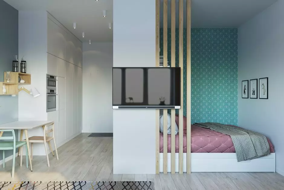 Wêne: Nivîngeha Stîla Skandînavî, Modern, Apartment, Studio, Rûsya, Spî, Projeya hefteyê, Moskow, Zer, Zer, şîn, şîn, heta 40 metre, legkocom - wêne