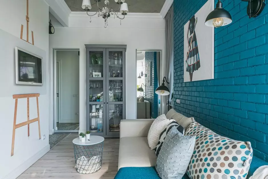 Apartment with turquoise brick walls