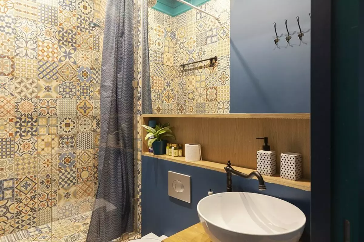 Larawan: Banyo sa Provence at Estilo ng Bansa, Apartment, White, Project Week, Moscow, Green, Blue, Gray, Blue, Turquoise, Brick House, 1 Room, hanggang 40 metro, Zamoskvorechye - Larawan