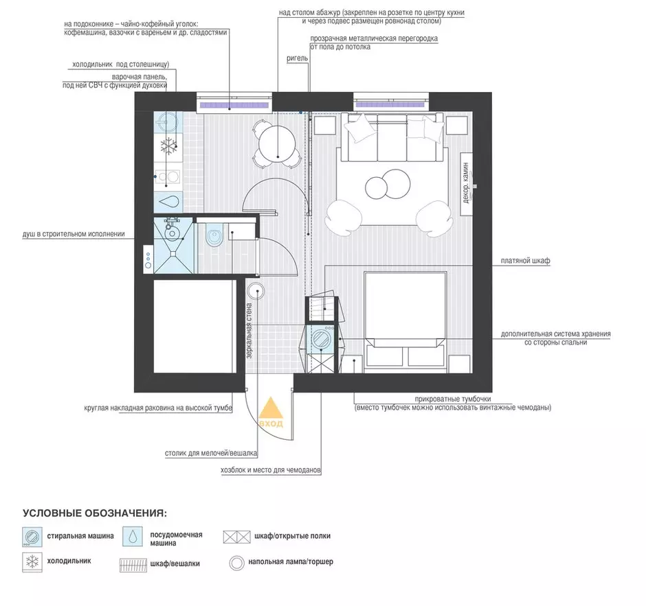 Larawan: Pagpaplano sa estilo, apartment, puti, proyekto linggo, Moscow, berde, asul, kulay abo, asul, turkesa, brick bahay, 1 kuwarto, hanggang sa 40 metro, zamoskvorechye - larawan