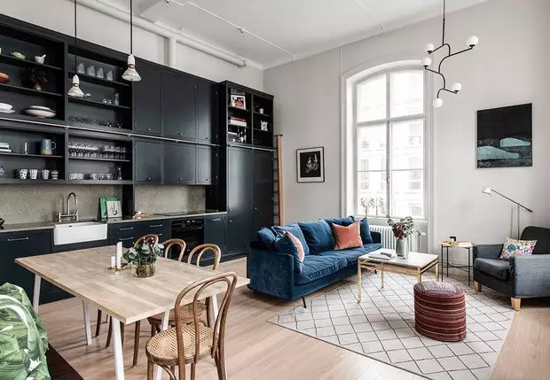 Foto: Woonkamer in Scandinavische stijl, modern, eclectisch, interieur, appartement, wit, zwart, 2 kamers, 60-90 meter - Foto