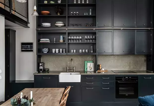 Foto: Keuken en eetkamer in Scandinavische stijl, modern, eclectisch, interieur, appartement, wit, zwart, 2 kamers, 60-90 meter - Foto