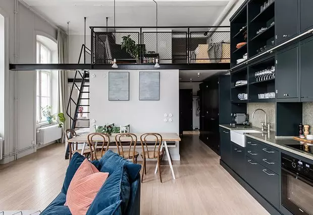 Foto: Keuken en eetkamer in Scandinavische stijl, modern, eclectisch, interieur, appartement, wit, zwart, 2 kamers, 60-90 meter - Foto