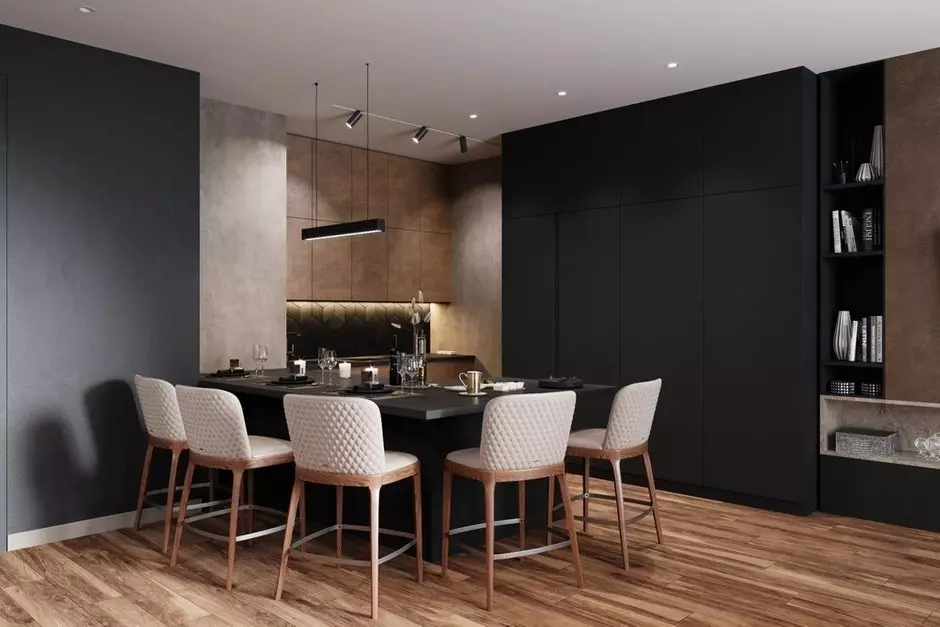 Foto: dapur dan ruang makan di modern, apartemen, proyek minggu, hitam, abu-abu, coklat, Daria Ylannikova, lebih dari 90 meter, premium - Foto