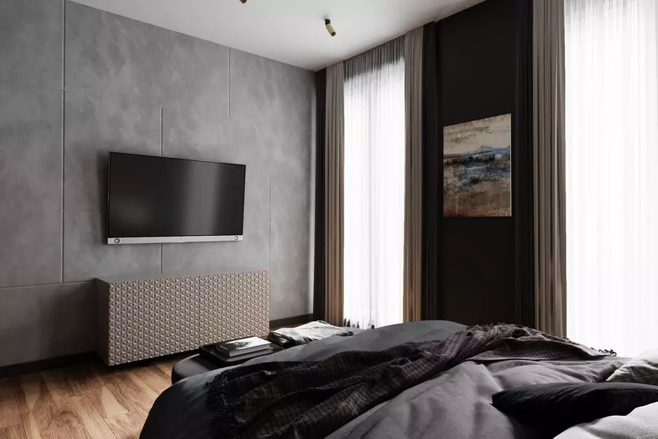 Foto: kamar tidur dengan gaya modern, apartemen, proyek minggu, hitam, abu-abu, coklat, Daria Ylannikova, lebih dari 90 meter, premium - Foto