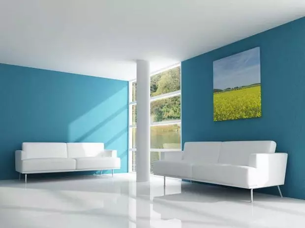 Foto: sala de estar en minimalismo, decoración, outra cor no interior, consellos, branco, negro, vermello, verde, beis, amarelo, azul, gris, rosa, azul, laranxa, turquesa, marrón, fuchsia, reparación na práctica, Interior en cor branca, decoración de teito, cor rosa pálida no interior, paleta de cores do interior, gama de cores do interior, esquema de cores para cuarto, cores escuras no interior, Belinka, Alliance Supernova LLC, como escoller a pintura de cor, Consellos sobre paredes Selección de materiais, decoración de parede, negro e azul ou vestido de ouro branco - Foto