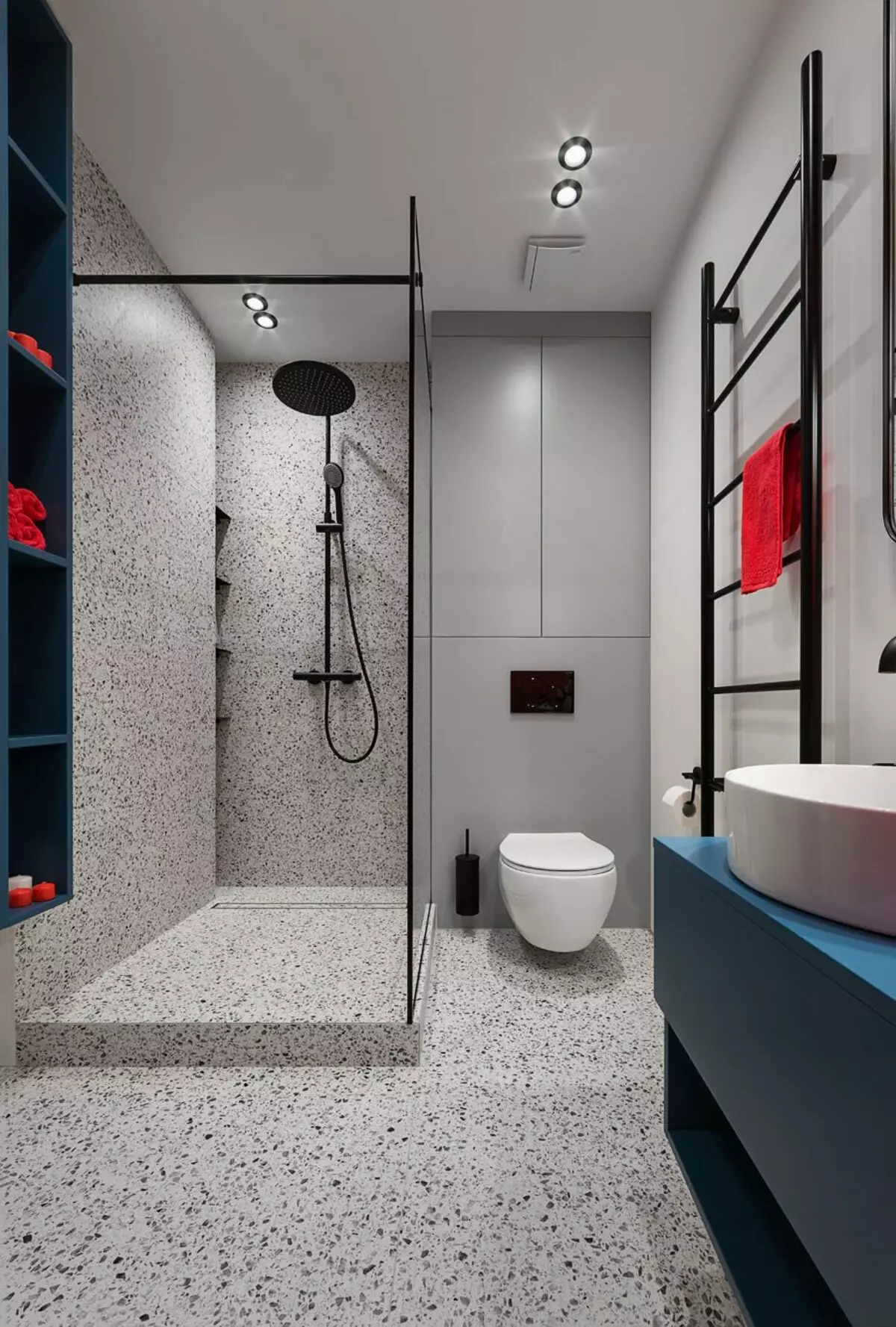 Foto: Badezimmer in Modern, Küche und Esszimmer, Wohnzimmer, Schlafzimmer, Wohnung, Weiß, Projektwoche, Rot, Blau, Grau, 1 Zimmer, 40-60 Meter, Premium - Foto