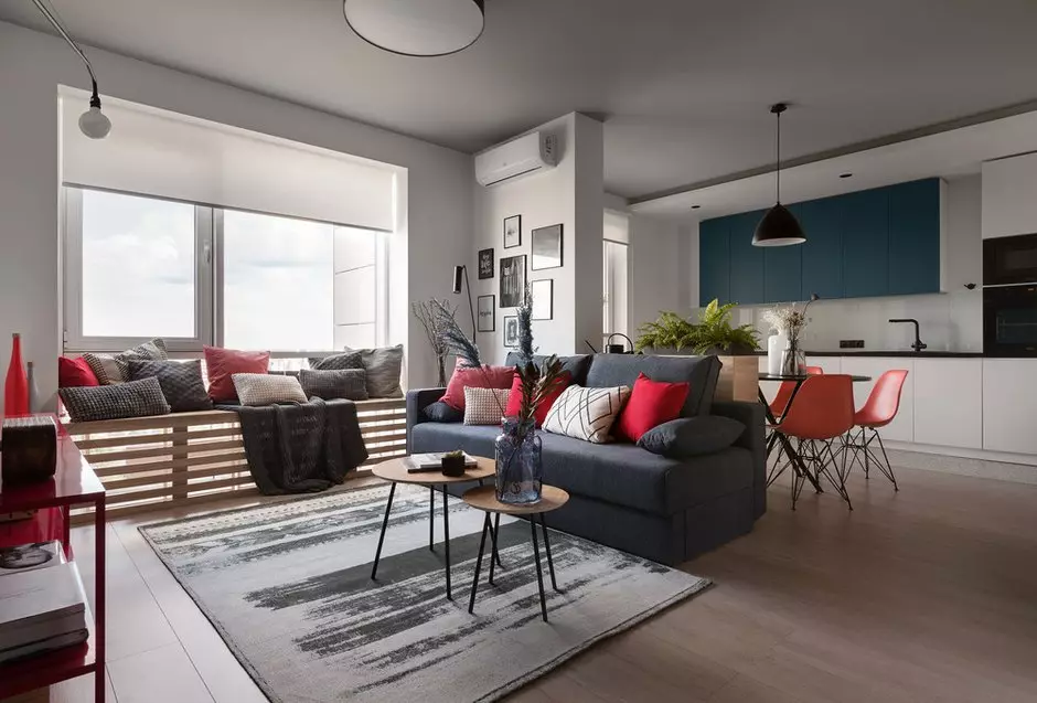 Foto: Wohnzimmer in modern, Küche und Esszimmer, Badezimmer, Schlafzimmer, Wohnung, Weiß, Projektwoche, Rot, Blau, Grau, 1 Zimmer, 40-60 Meter, Premium - Foto