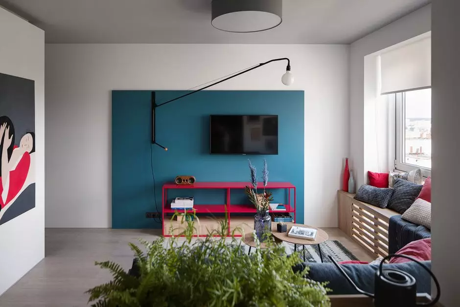 Foto: Wohnzimmer in modern, Küche und Esszimmer, Badezimmer, Schlafzimmer, Wohnung, Weiß, Projektwoche, Rot, Blau, Grau, 1 Zimmer, 40-60 Meter, Premium - Foto