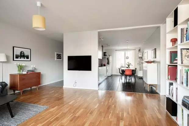 Photo: Living room in Scandinavian style, classic, interior decor, apartment, Sweden, white, red, gray, 2 rooms, more than 90 meters - Photo