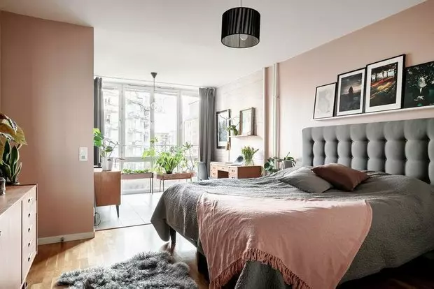 Photo: Bedroom in Scandinavian style, classic, interior decor, apartment, Sweden, white, red, gray, 2 rooms, more than 90 meters - Photo