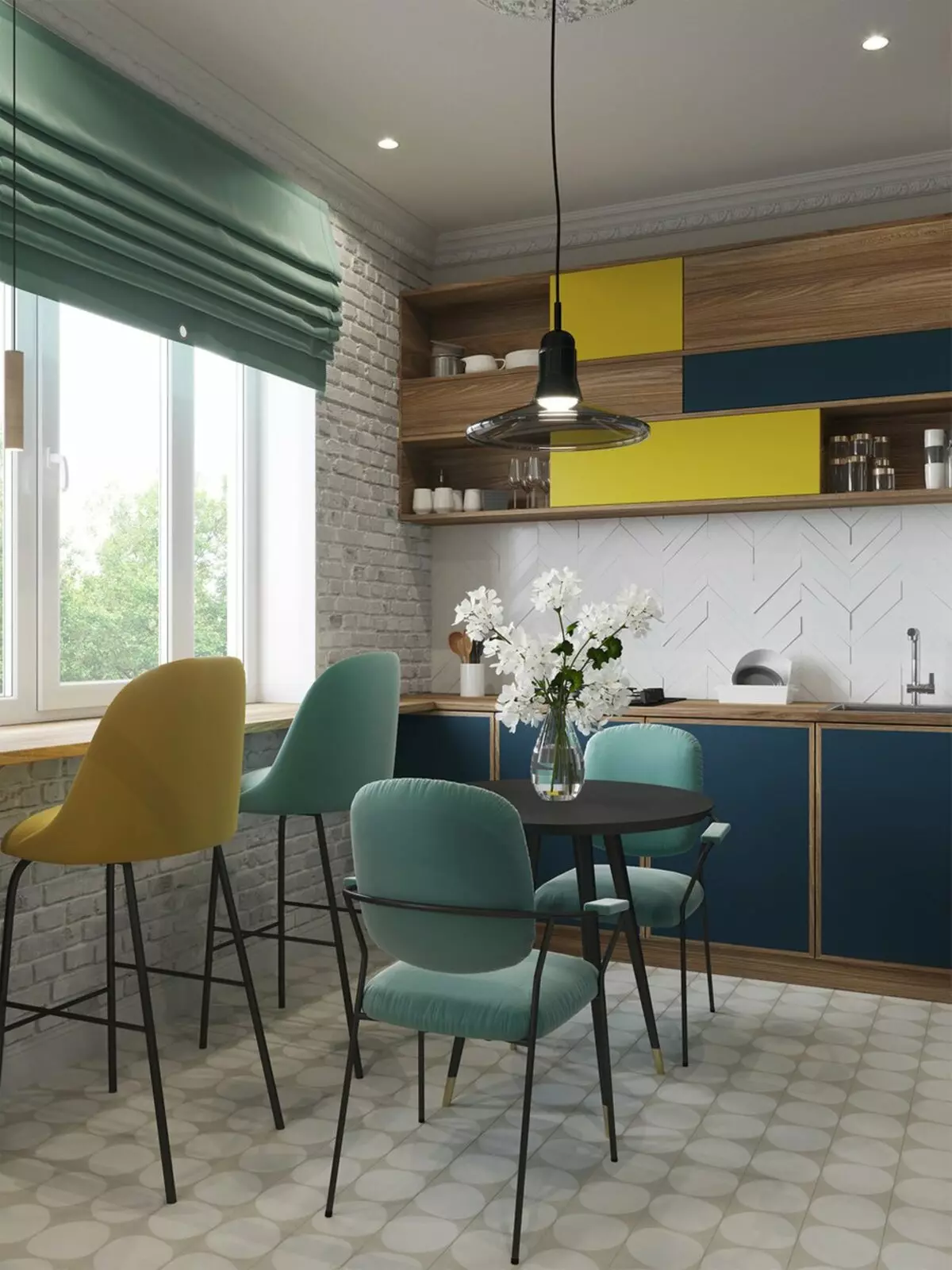 Foto: Cozinha e área de jantar em moderno, banheiro, hall de entrada, sala de estar, quarto, apartamento, semanas de projeto, amarelo, azul, rosa, 2 assoalhadas, 40-60 metros, premium - Foto