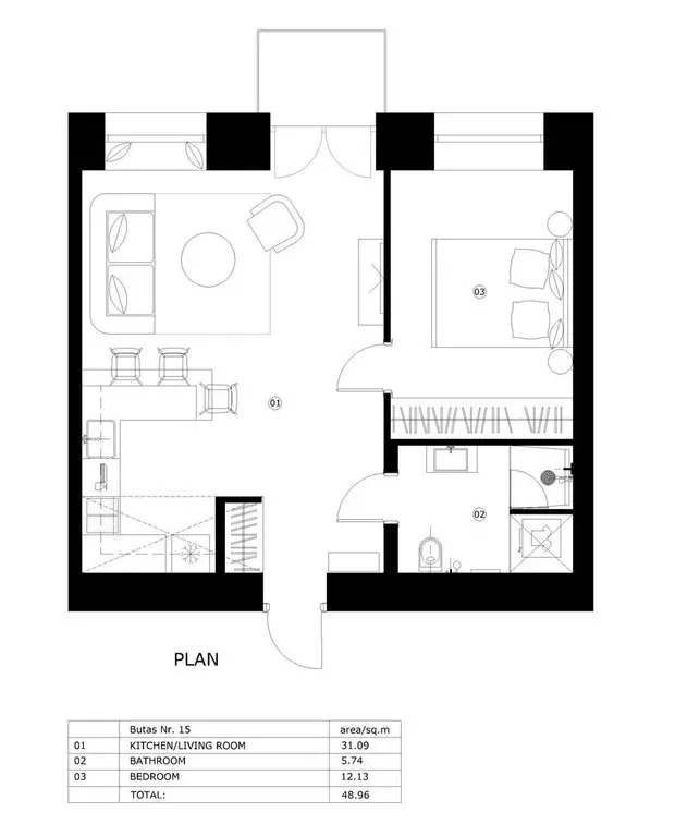 Foto: Perancangan dalam gaya, dapur dan ruang makan, ruang tamu, bilik persalinan, hiasan dalaman, apartmen kecil, vilnius - foto